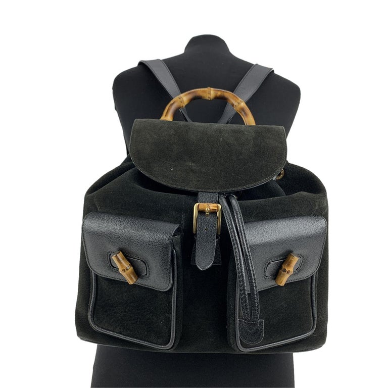 Gucci Vintage Black Leather and Suede Bamboo Backpack Bag For Sale at ...