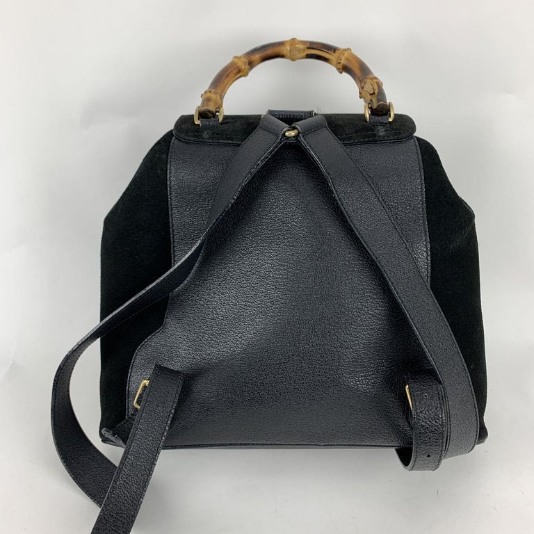 Gucci Vintage Black Leather and Suede Bamboo Backpack Bag For Sale at ...