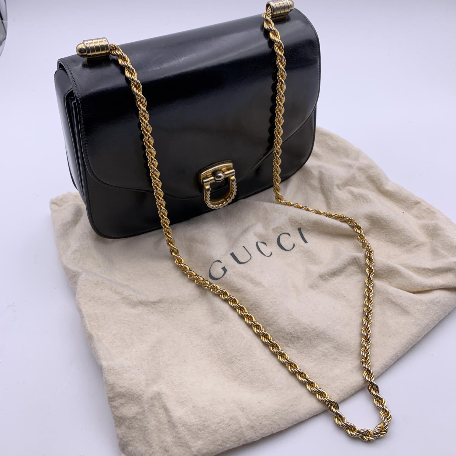 Gucci Vintage Black Leather Boxed Flap Shoulder Bag with Chain Strap ...