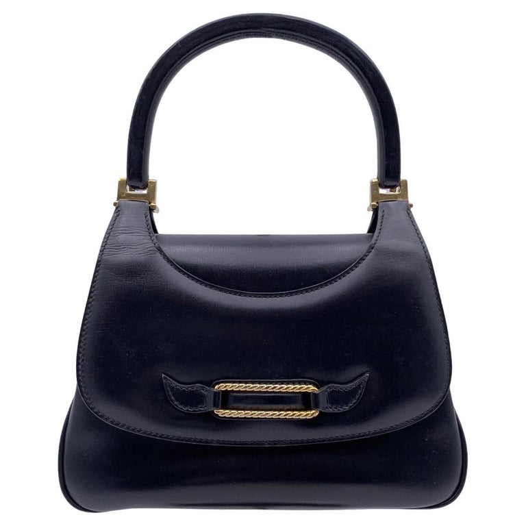 Gucci Vintage Black Leather Flap Handbag Top Handle Bag For Sale at 1stDibs