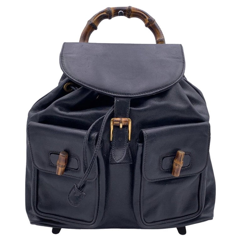 Gucci Vintage Black Leather Medium Bamboo Backpack Bag For Sale at 1stDibs