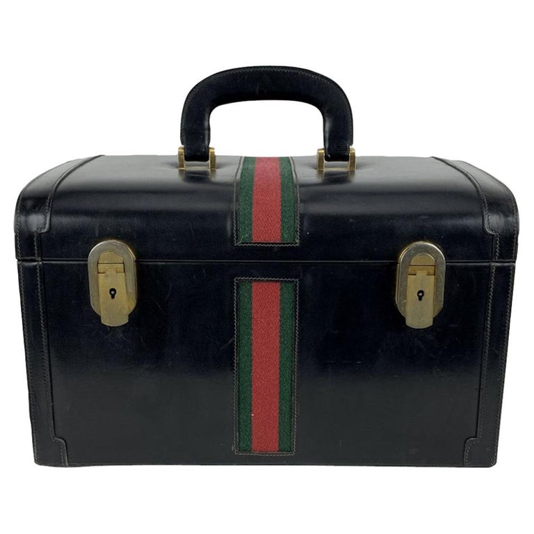 Gucci Vintage Black Leather Train Case Bag with Stripes at 1stDibs