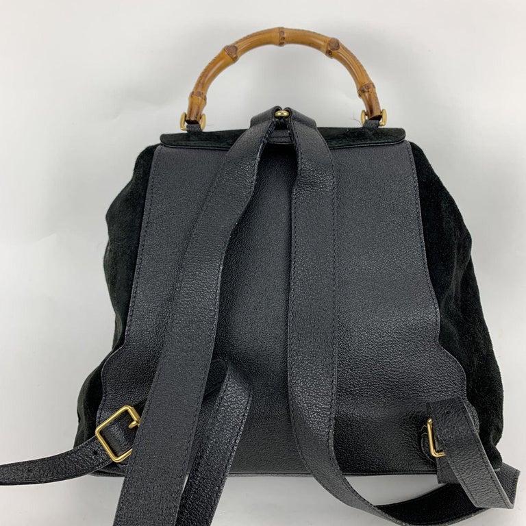 Gucci Vintage Black Suede and Leather Bamboo Backpack Bag For Sale at ...