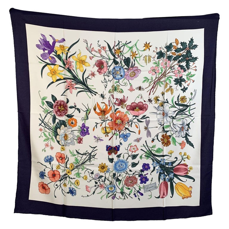 Gucci Vintage Blue Floral Silk Scarf Flora 1966 Accornero For Sale at ...