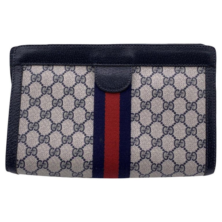 Gucci Vintage Blue Monogram Canvas Cosmetic Bag Clutch with Box at 1stDibs