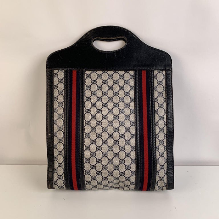 Gucci Vintage Blue Monogram Shopping Bag Tote with Stripes For Sale at ...