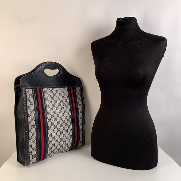 Gucci Vintage Blue Monogram Shopping Bag Tote with Stripes For Sale at ...
