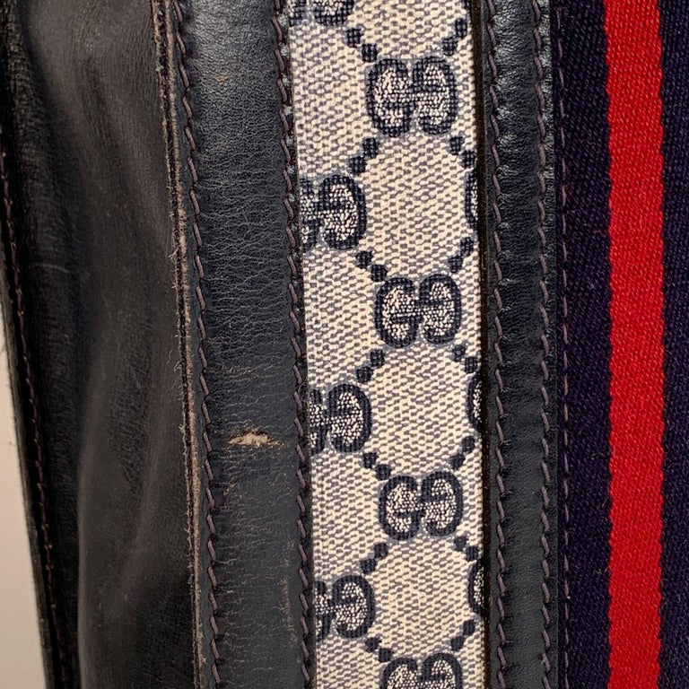 Gucci Vintage Blue Monogram Shopping Bag Tote with Stripes For Sale at ...