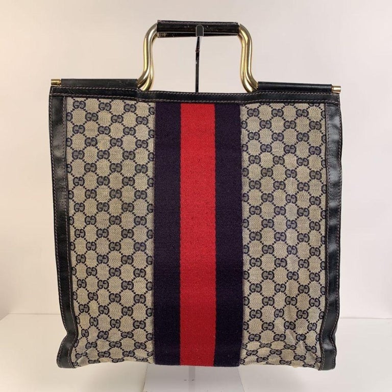 Gucci Vintage Blue Monogram Shopping Bag Tote with Stripes For Sale at ...
