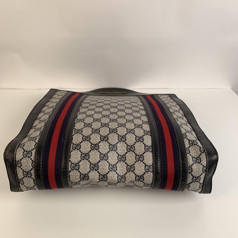 Gucci Vintage Blue Monogram Shopping Bag Tote with Stripes For Sale at ...