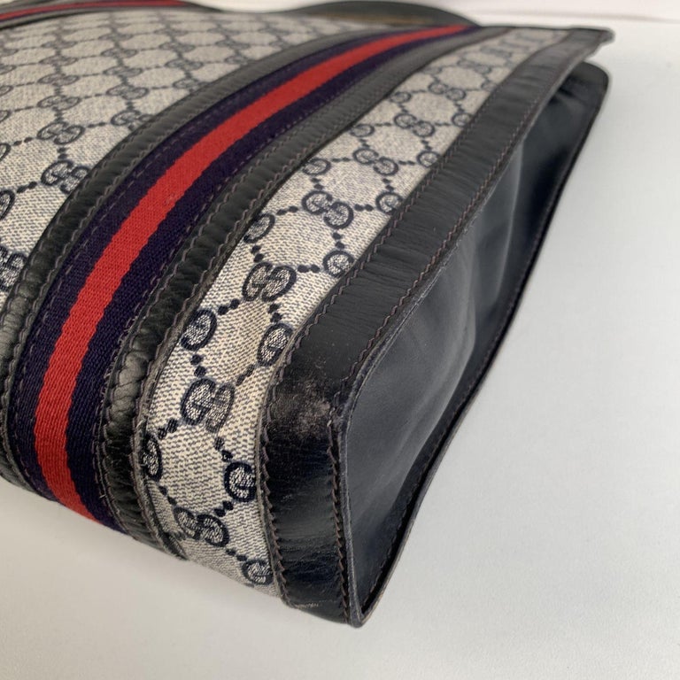 Gucci Vintage Blue Monogram Shopping Bag Tote with Stripes For Sale at ...