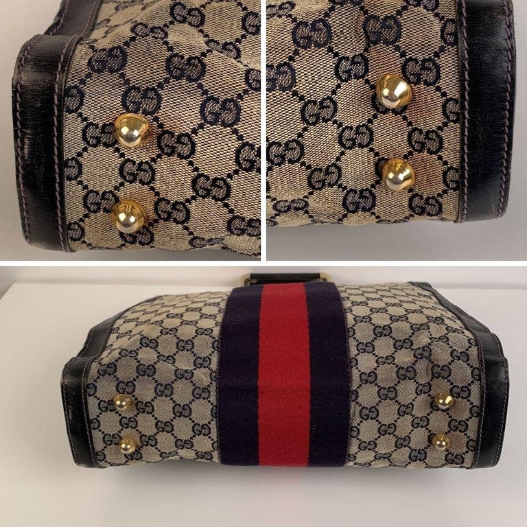 Gucci Vintage Blue Monogram Shopping Bag Tote with Stripes For Sale at ...