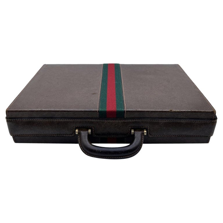 Gucci Vintage Brown Leather Hard Side Briefcase Work Bag with Stripes ...
