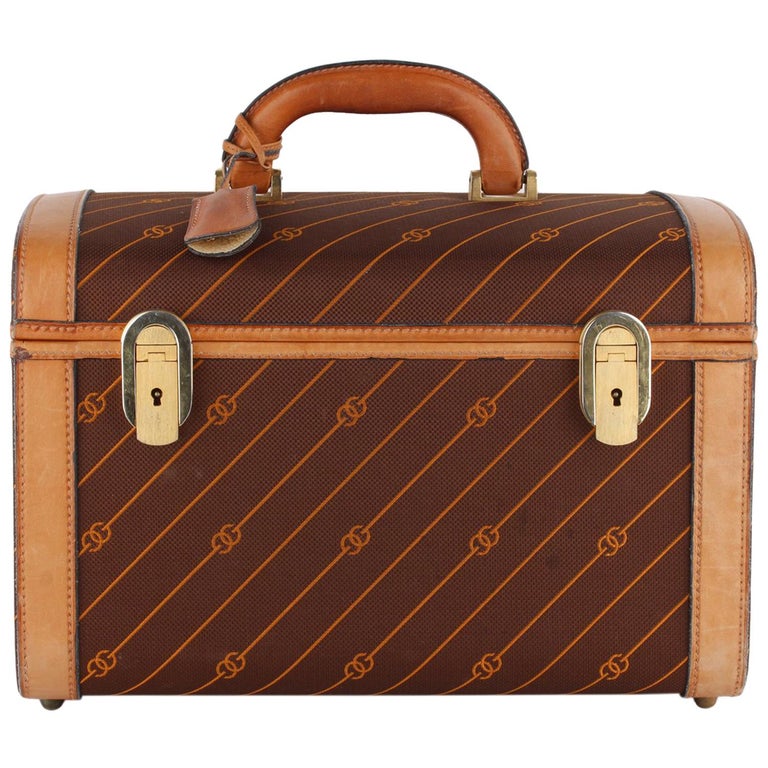 Gucci Vintage Brown Logo Canvas Travel Bag Train Case Beauty Handbag ...