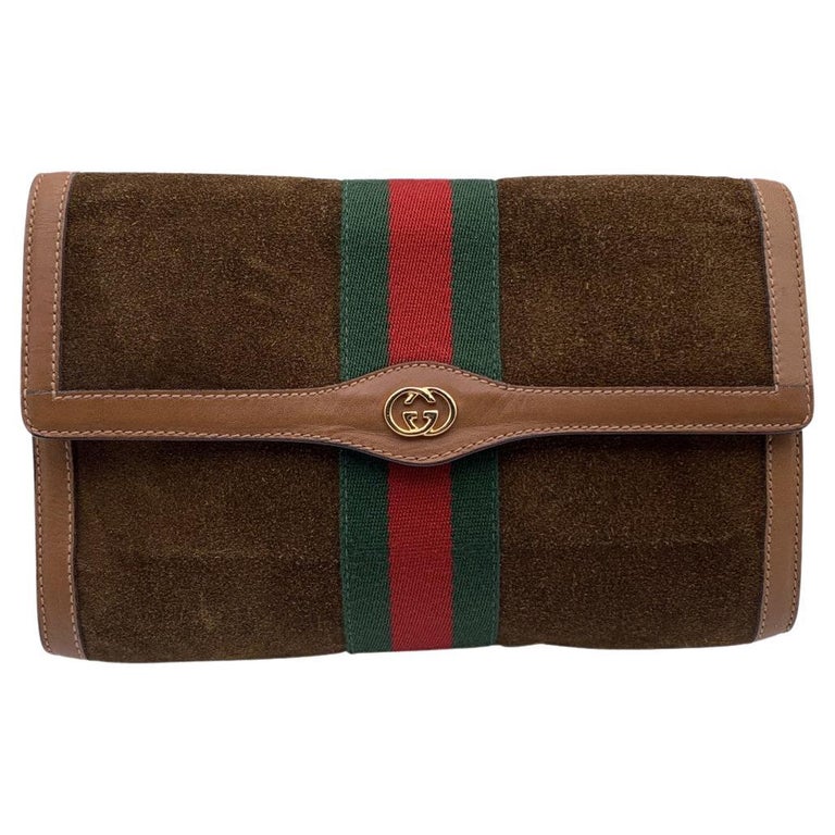 Gucci Vintage Brown Suede Web Flap Cosmetic Bag Clutch Handbag For Sale ...