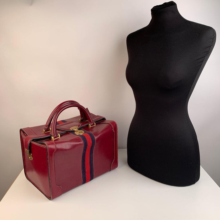 Gucci Vintage Burgundy Leather Travel Bag Train Case Beauty Handbag For ...