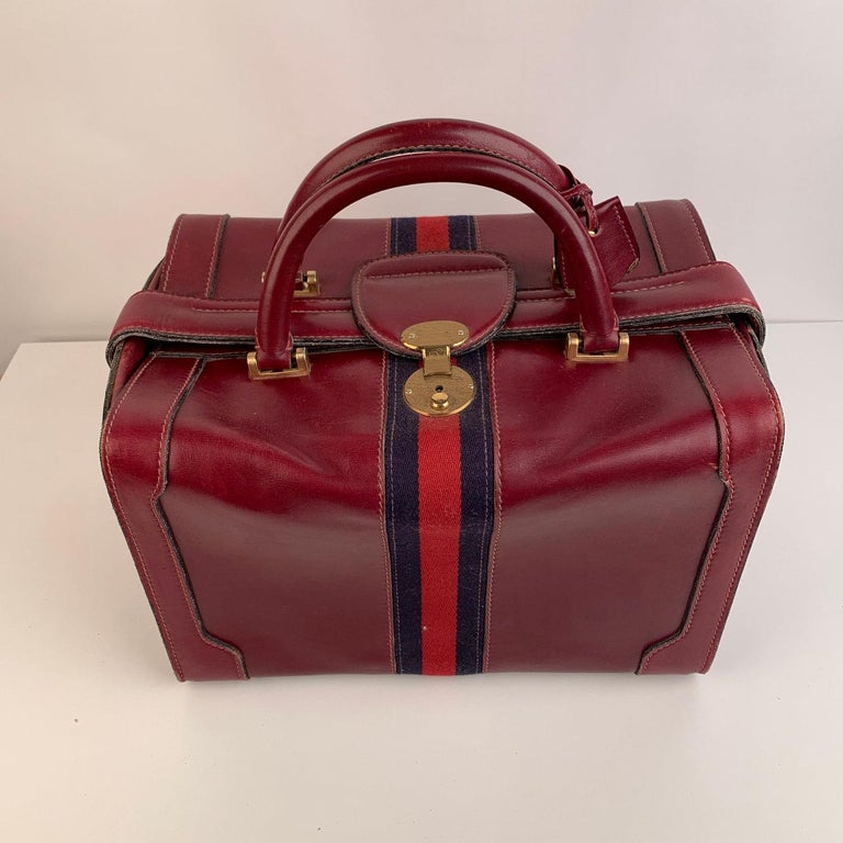 Gucci Vintage Burgundy Leather Travel Bag Train Case Beauty Handbag For ...