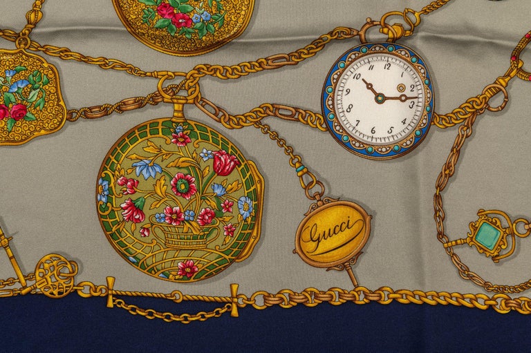 Gucci Vintage Clock Silk Scarf For Sale at 1stDibs