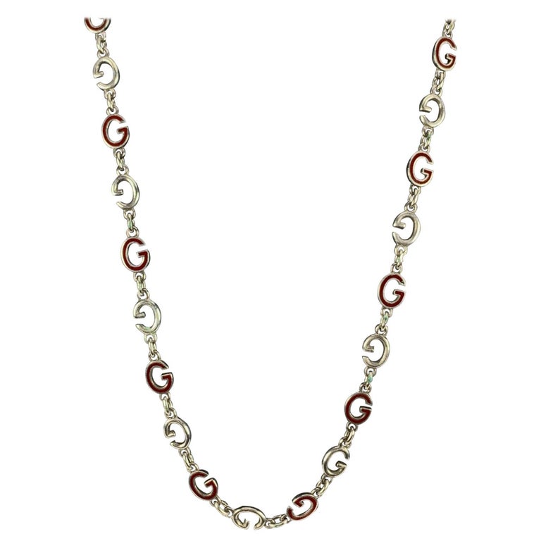 Gucci Vintage Enamel Silver Metal G Shaped Chain Necklace For Sale at ...