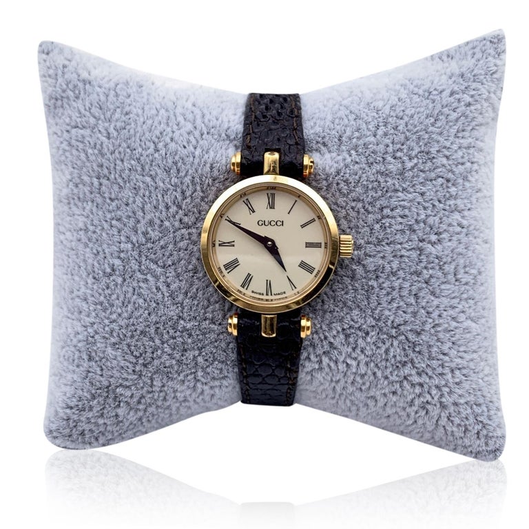 Gucci Vintage Gold Enamel Stainless Steel GG Logo Watch Leather Strap ...