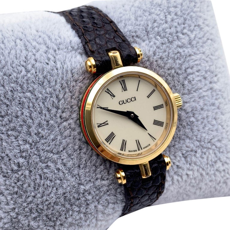 Gucci Vintage Gold Enamel Stainless Steel GG Logo Watch Leather Strap ...