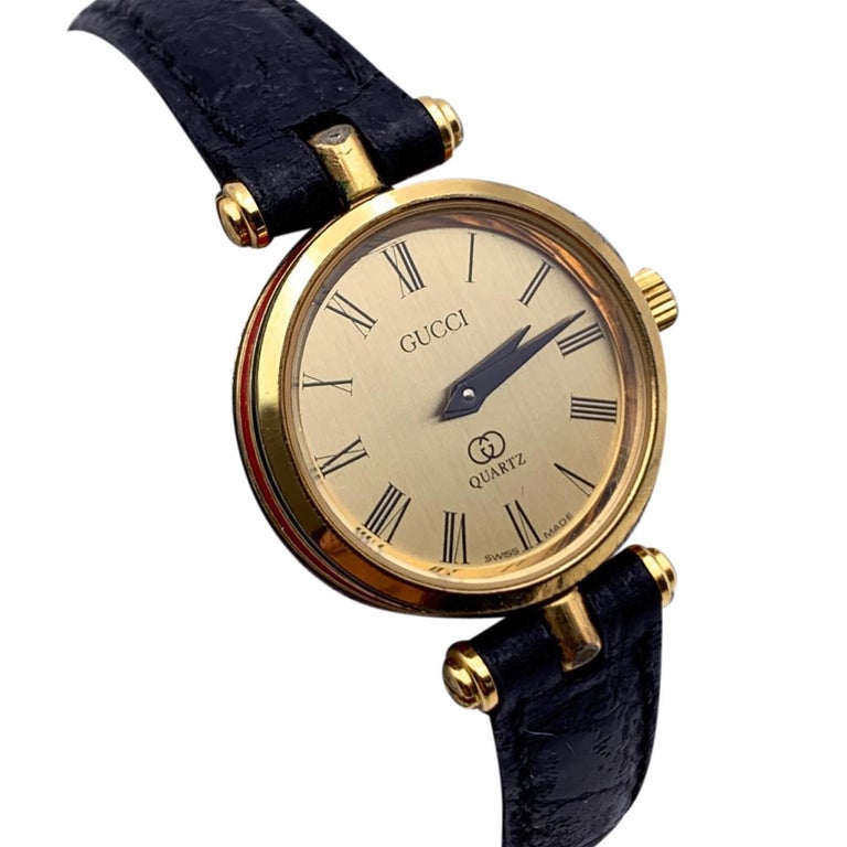 Gucci Vintage Gold Enamel Stainless Steel GG Logo Watch Leather Strap ...