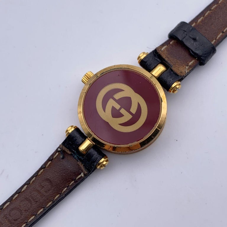 Gucci Vintage Gold Enamel Stainless Steel GG Logo Watch Leather Strap ...