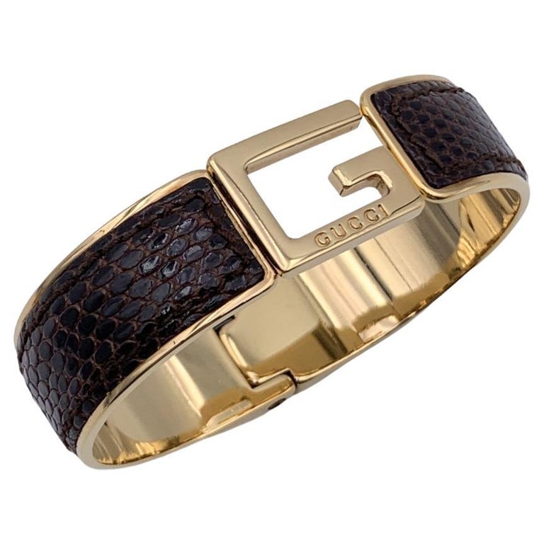 Gucci Vintage Gold Metal Brown Leather G Logo Bangle Bracelet For Sale ...