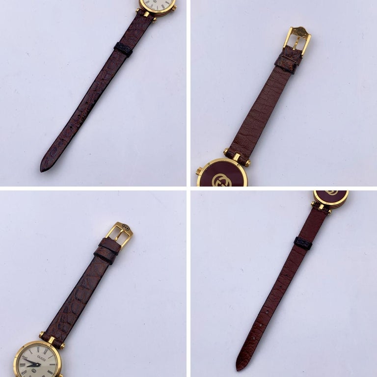 Gucci Vintage Gold Tone Stainless Steel Logo Watch Leather Strap at 1stDibs