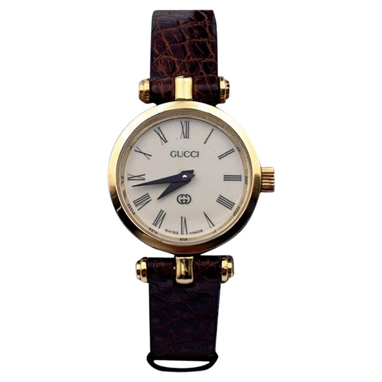 Gucci Vintage Gold Tone Stainless Steel Logo Watch Leather Strap at 1stDibs