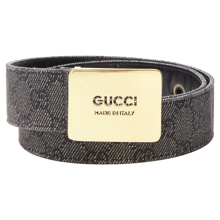 GUCCI Vintage grey GG monogram canvas gold cut out logo buckle belt ...