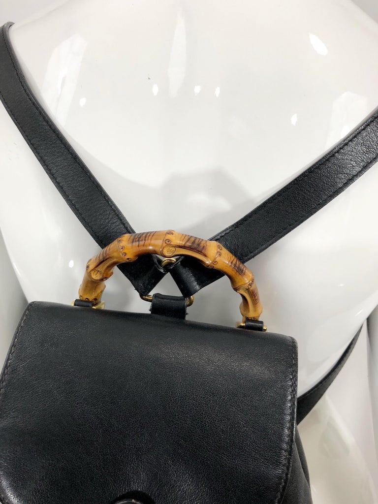 Gucci Vintage Mini Backpack Black Leather Signature Bamboo Handle at ...