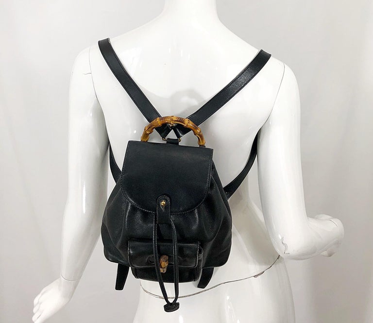 Gucci Vintage Mini Backpack Black Leather Signature Bamboo Handle at ...