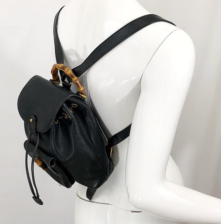 Gucci Vintage Mini Backpack Black Leather Signature Bamboo Handle at ...