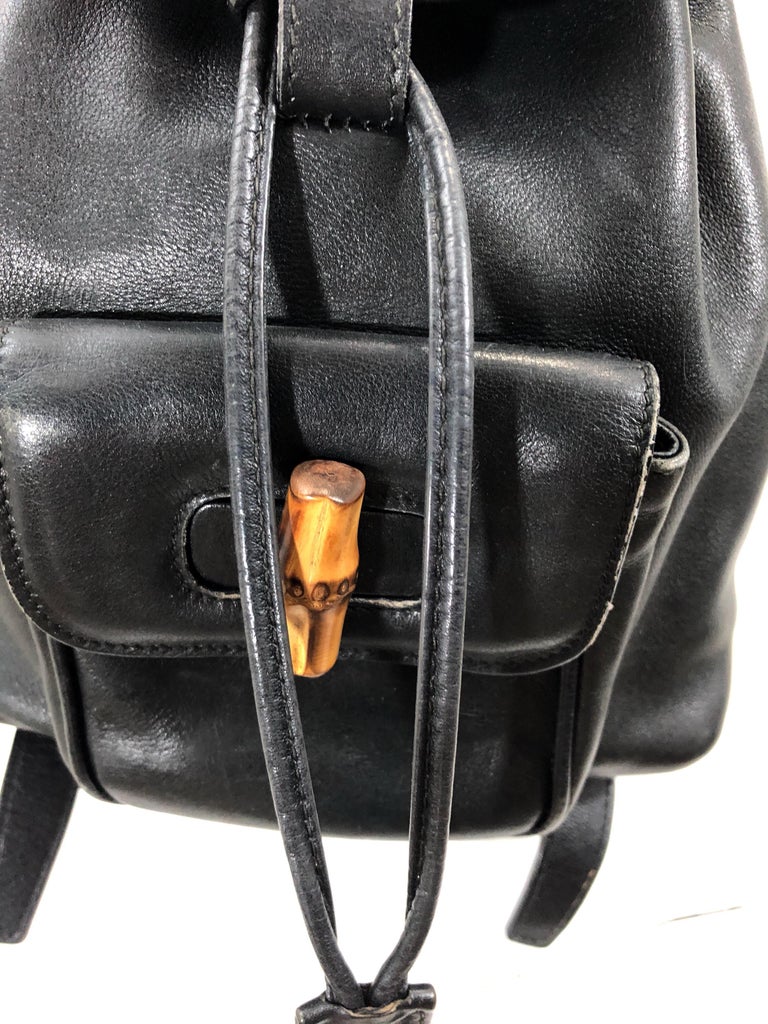 Gucci Vintage Mini Backpack Black Leather Signature Bamboo Handle at ...