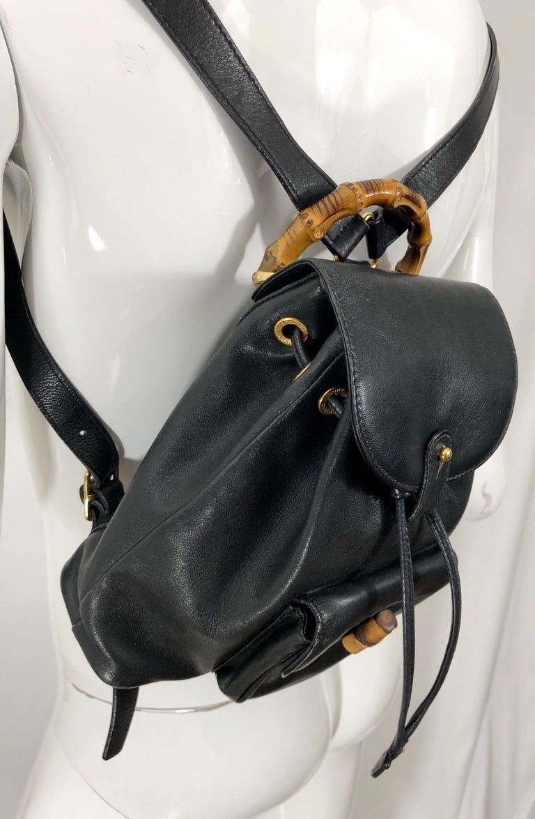 Gucci Vintage Mini Backpack Black Leather Signature Bamboo Handle at ...