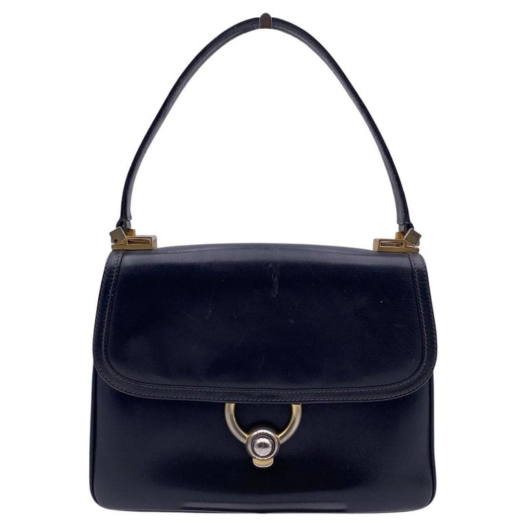 Gucci Vintage Navy Blue Leather Flap Handbag Top Handle Bag For Sale at ...