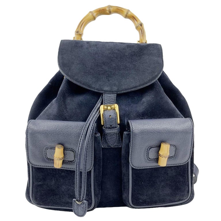 Gucci Vintage Navy Blue Suede Leather Bamboo Backpack Bag For Sale at ...