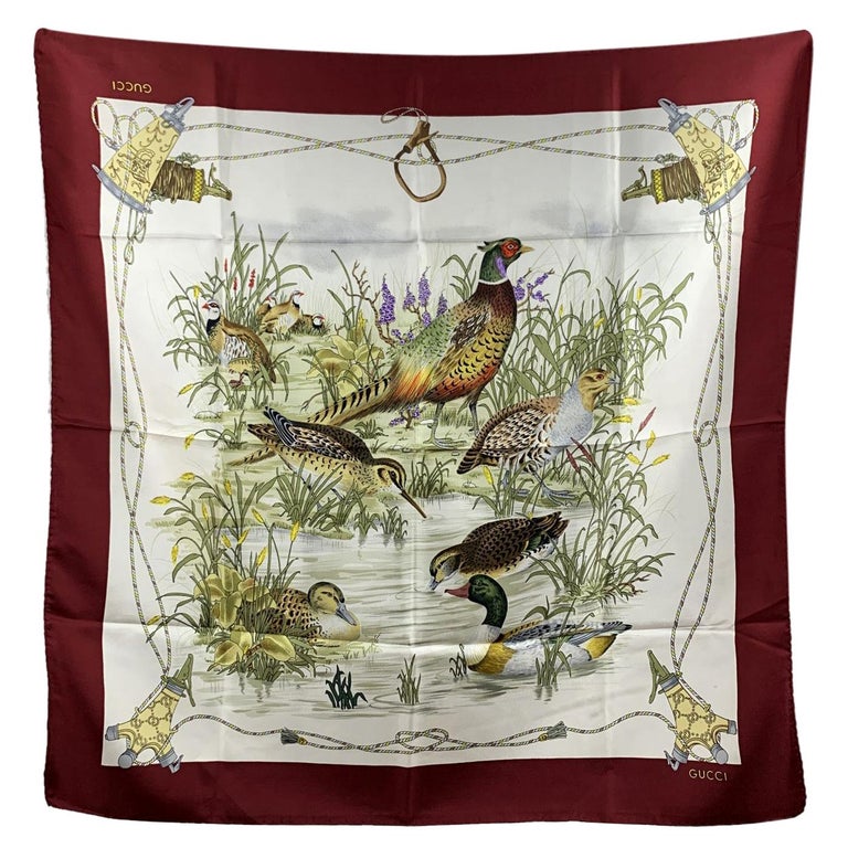 Gucci Vintage Silk Ducks and Pheasants Print Scarf Burgundy Borders at ...