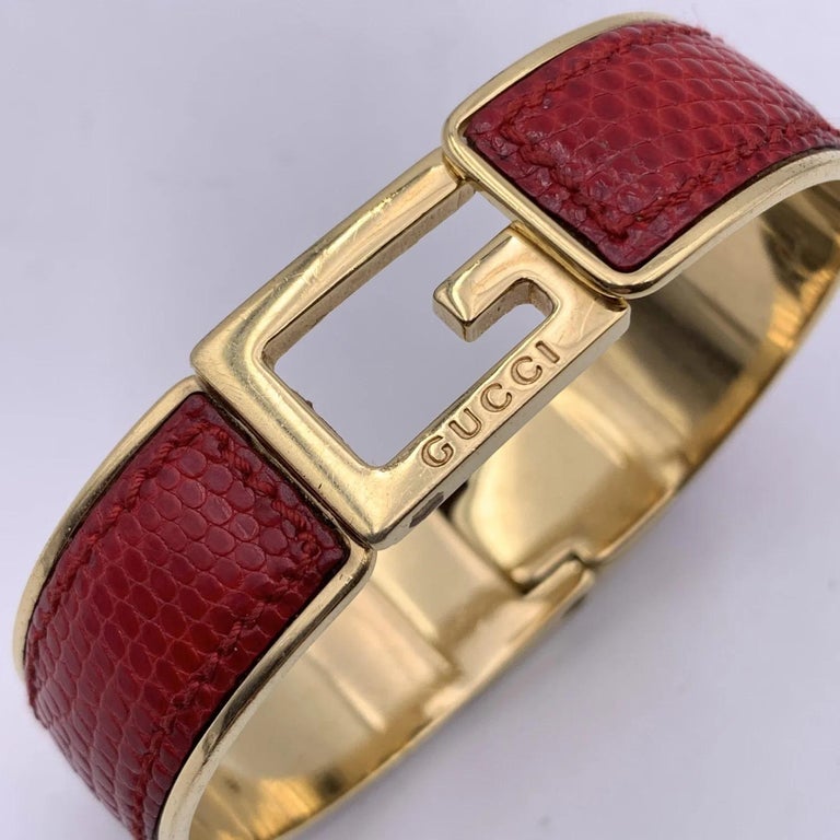 Gucci Vintage Stainless Steel Red Leather G Logo Bangle Bracelet For ...