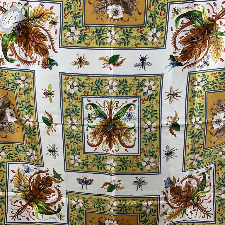 Gucci Vintage Yellow Accornero Leaves and Insects Silk Scarf 1970 For ...