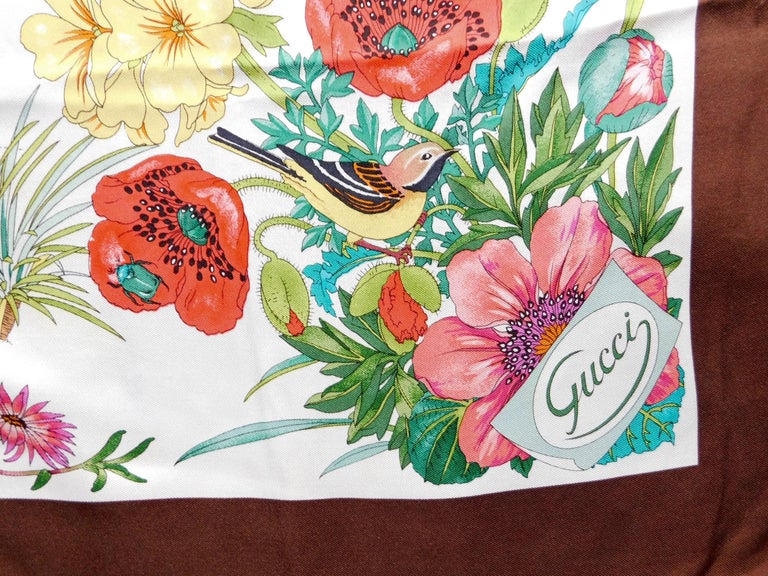Gucci VintageSilk Scarf "I Continenti" Foliage and Wildlife with Brown ...