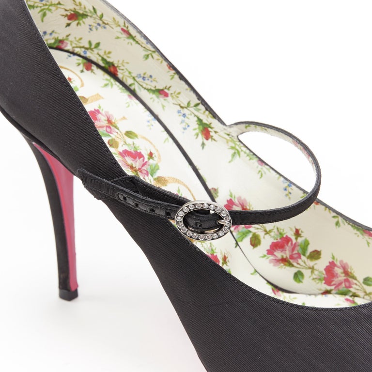 GUCCI Virginia black satin floral lined crystal buckle mary jane pump ...
