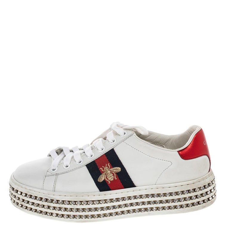 Gucci White Canvas And Leather Ace Crystal Embellished Sneakers Size 36 ...