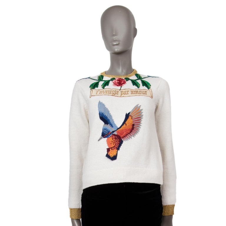 GUCCI white EMBROIDERED L'AVEUGLE PAR AROUR HUMMINGBIRD Sweater S at ...