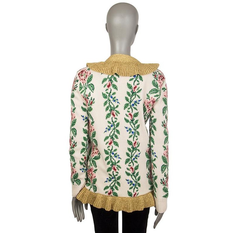 GUCCI white and gold INTARSIA JACQUARD FLOWER KNIT Cardigan Sweater S ...