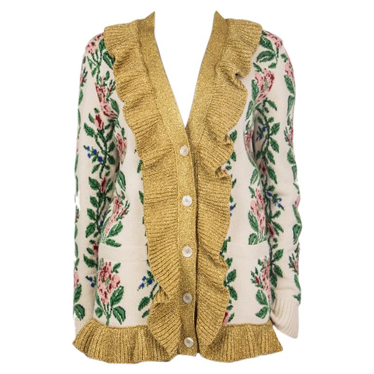 GUCCI white and gold INTARSIA JACQUARD FLOWER KNIT Cardigan Sweater S ...