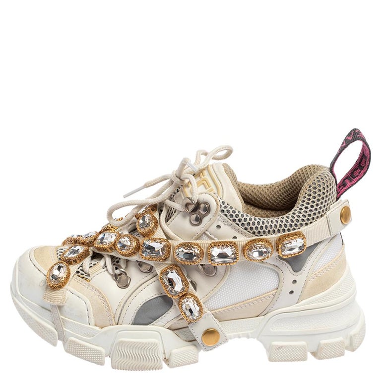 Gucci White/Grey Mesh And Leather Flashtrek Sneakers Size 35.5 at 1stDibs