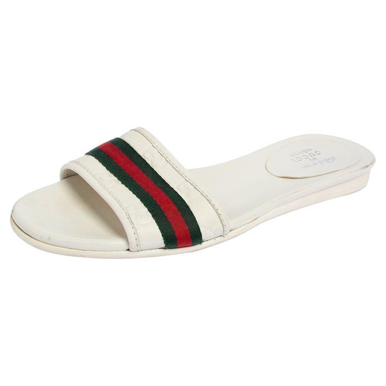 Gucci White Guccissima Leather Web Flat Slide Sandals Size 34 For Sale ...