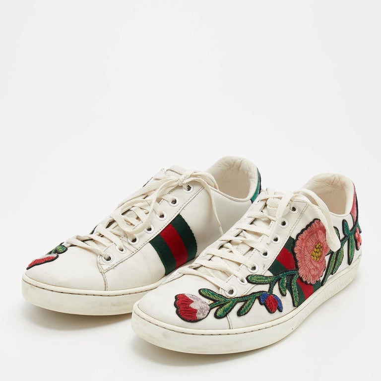 Gucci White Leather Ace Floral Embroidered Low Top Sneakers Size 38.5 ...